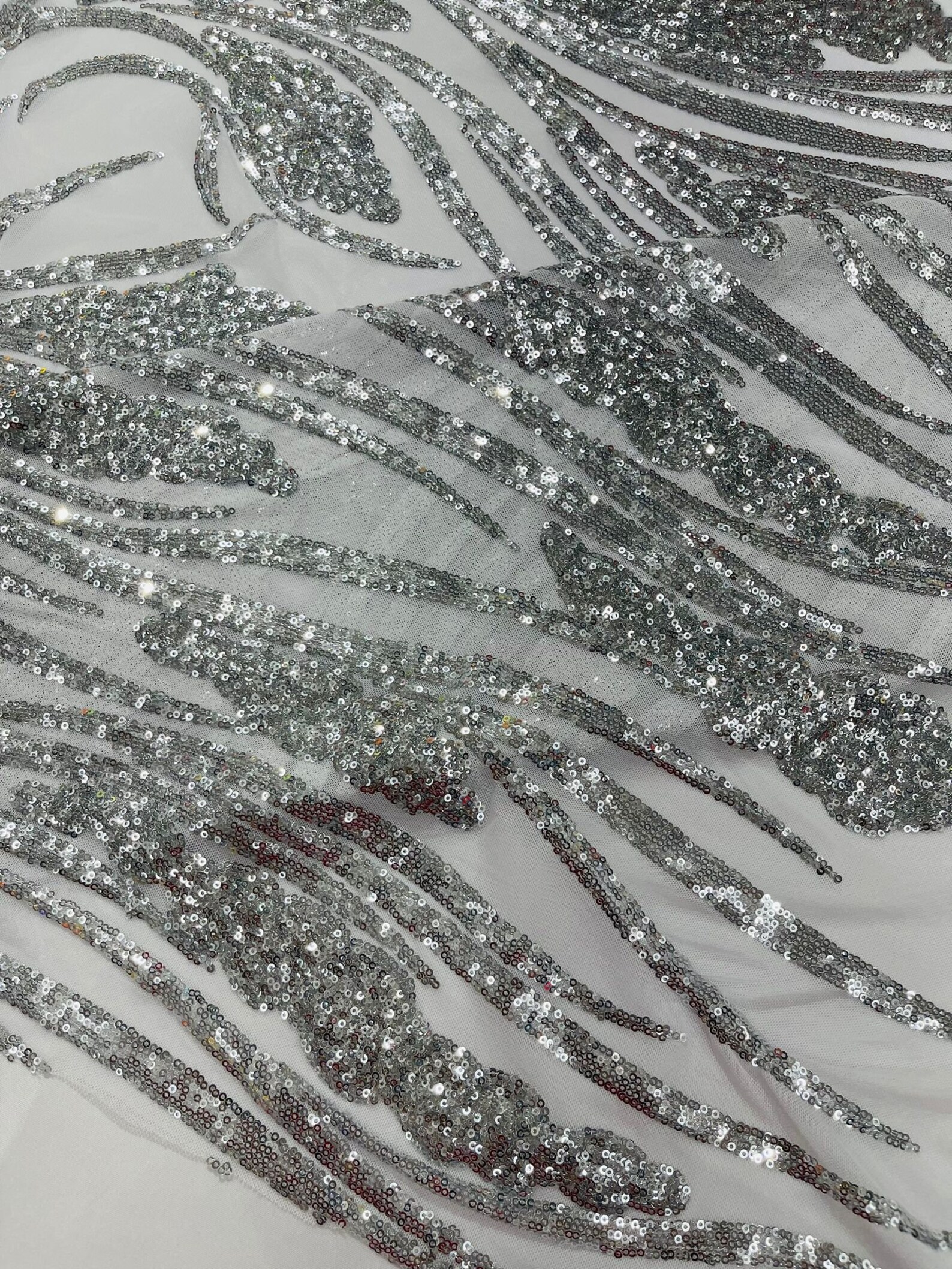 Feather Damask Shiny Sequin Design on a 4 Way Stretch Mesh Fabric-prom ...