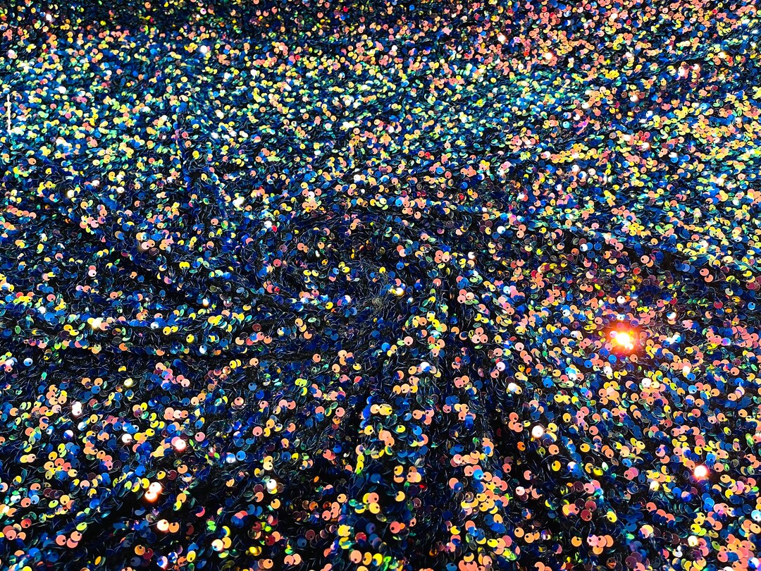 Rainbow Royal Blue Iridescent 5mm Sequin Black Stretch Velvet Fabric ...