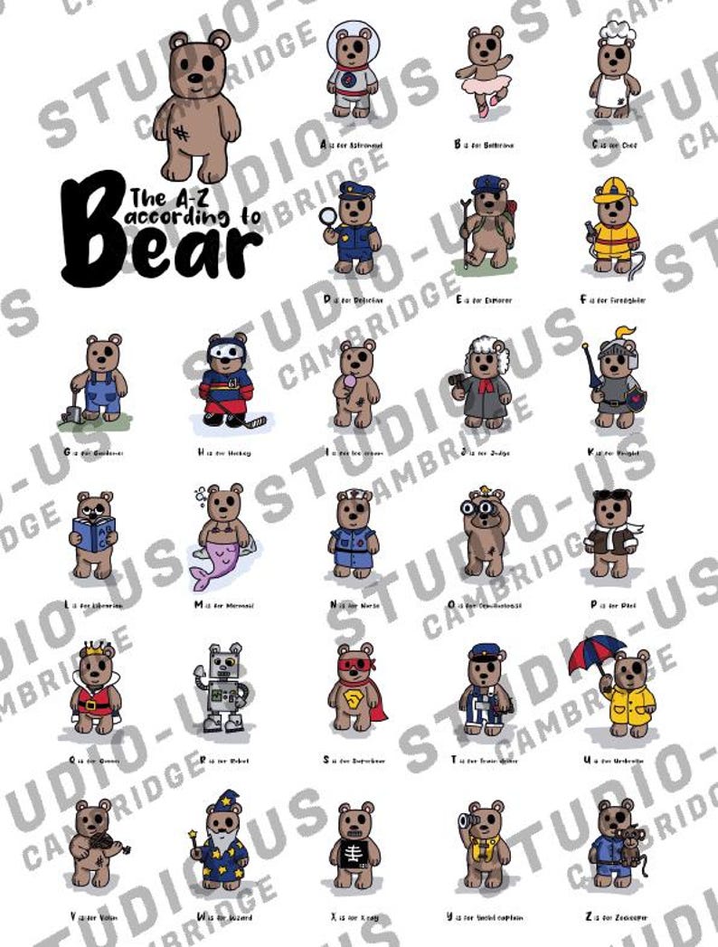High Resolution A-Z Bears for Kids Rooms - Hand Illustrated Digital Art ...