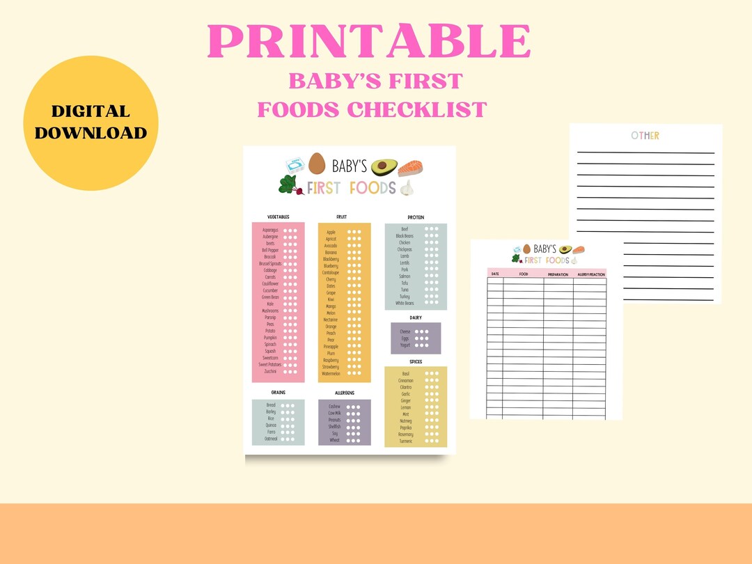 Baby's First Food Checklist 70 Food Chart Top Allergens Printable Food ...