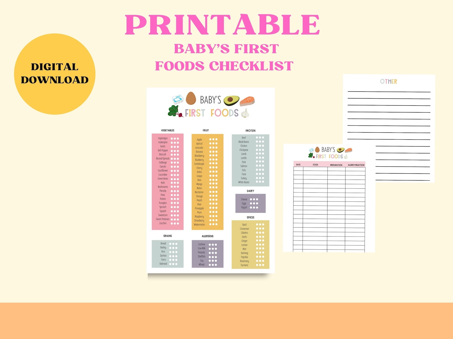 Baby's First Food Checklist 70 Food Chart Top Allergens Printable Food ...