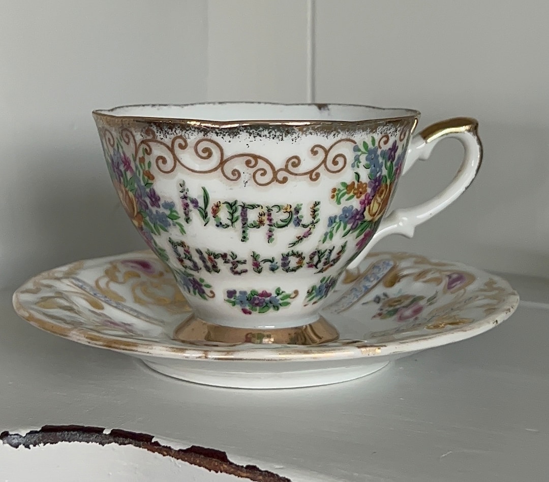 Vintage Happy Birthday Tea Cup & Saucer - Etsy