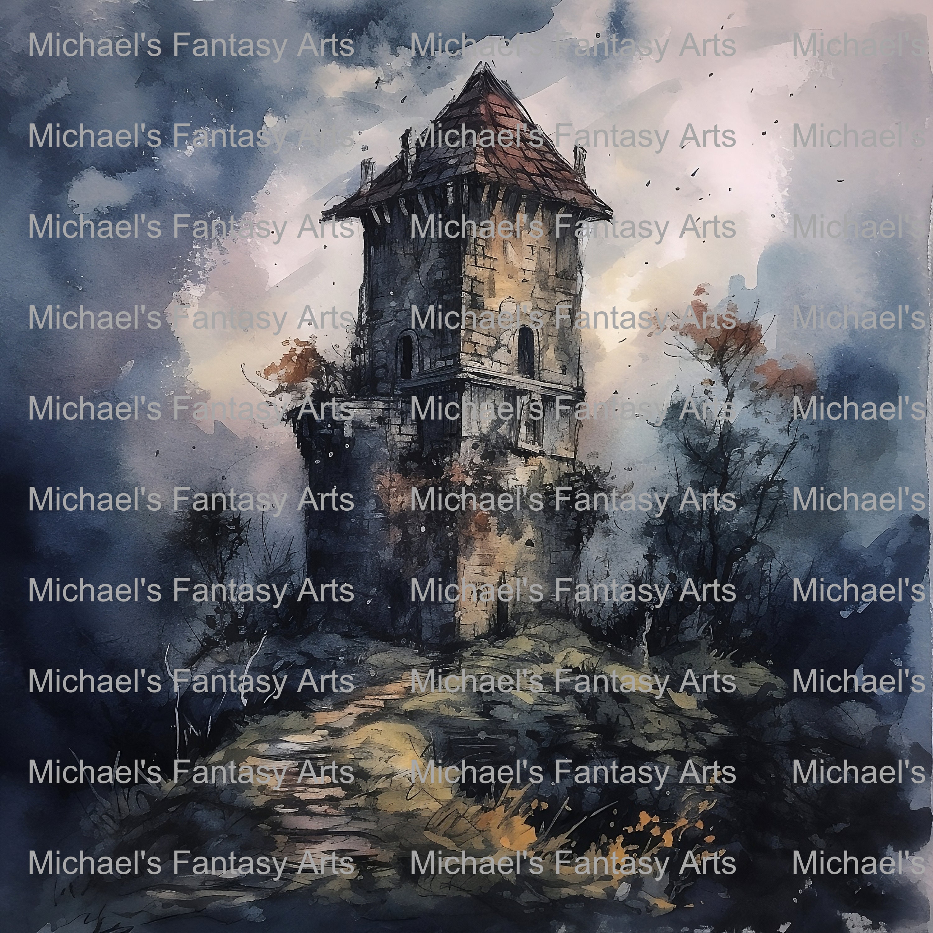 Watercolor Fantasy Watch Tower SVG PNG JPEG, Digital Download, Dark ...
