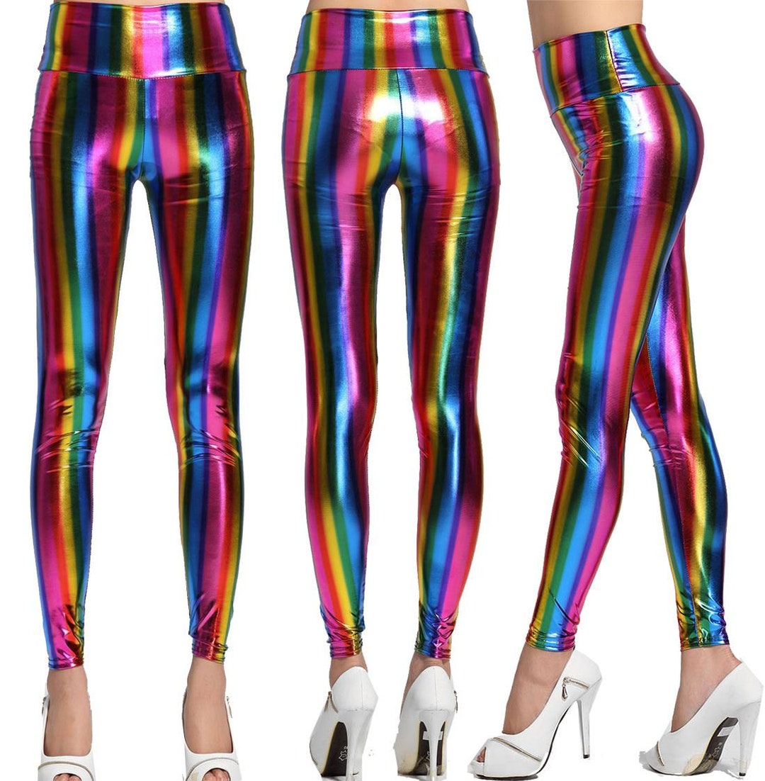 Womens Wet Look High Waist Shiny Pants Ladies Rainbow Stripe Fancy ...