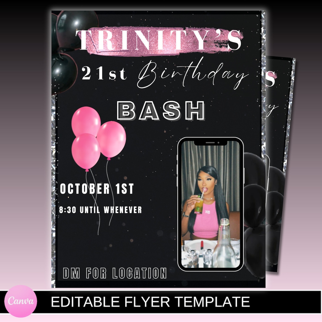 Editable 21st Birthday Party Flyer: Pink & Black Club Night Invite ...