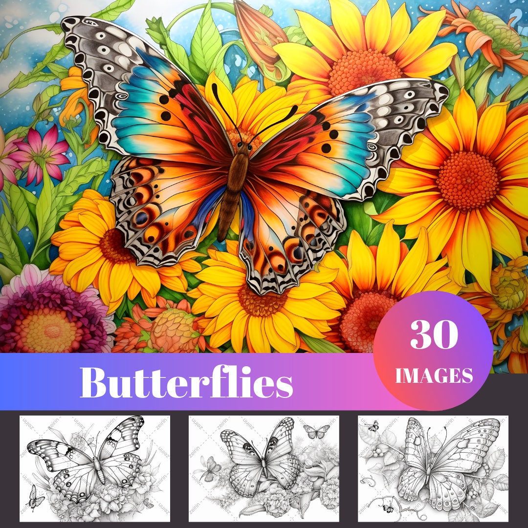 30 Butterflies Adult Coloring Pages Printable, Grayscale Coloring Books ...