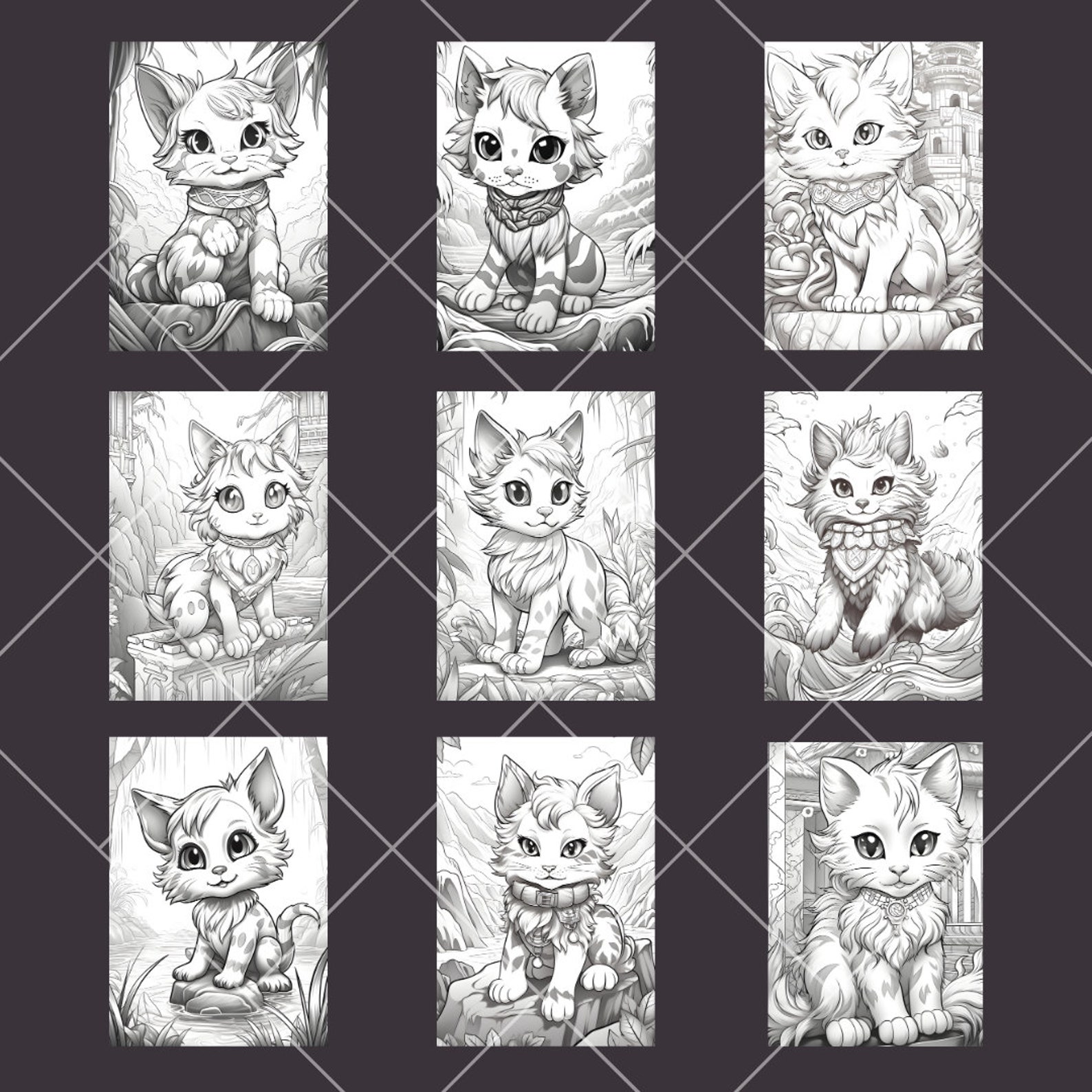 46 Fantasy Kitten Adult Coloring Pages Printable, Grayscale Coloring ...