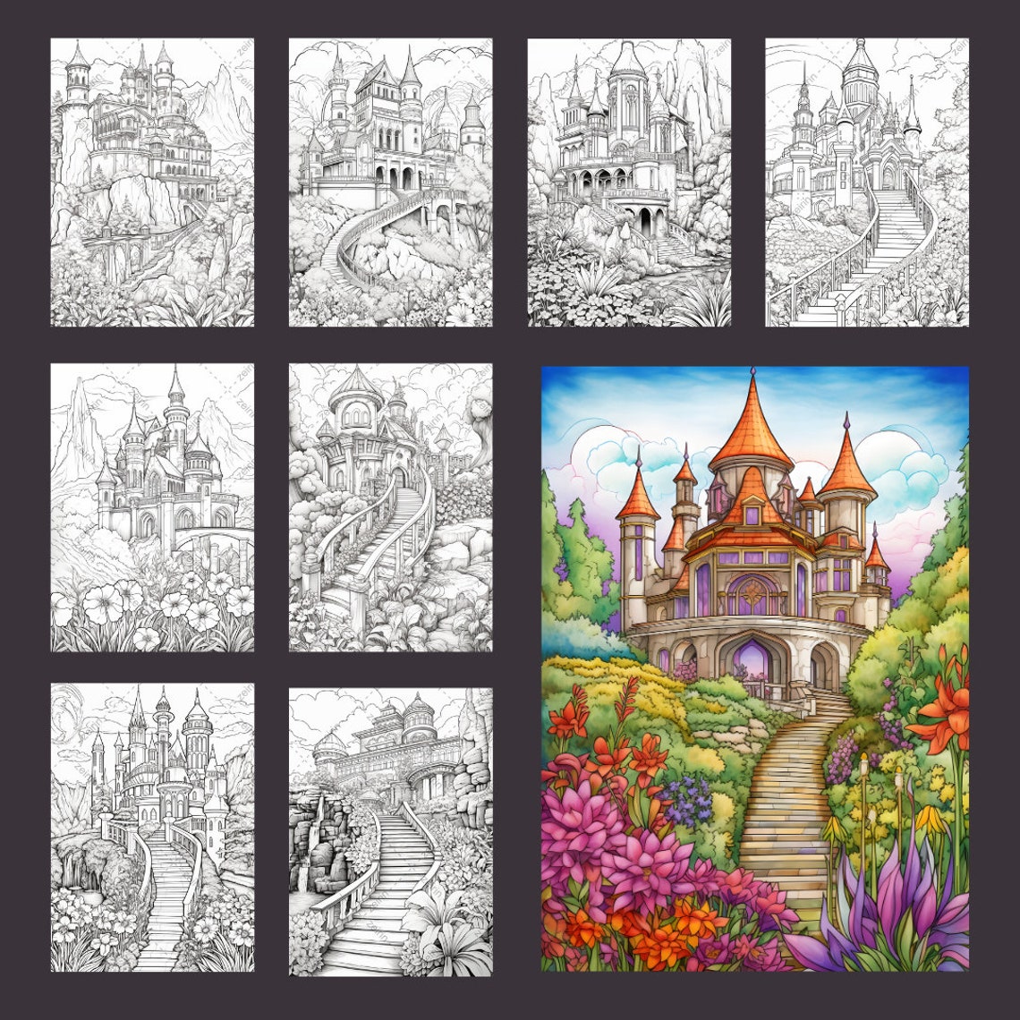 49 Fantasy Castle Adult Coloring Pages Printable Grayscale - Etsy