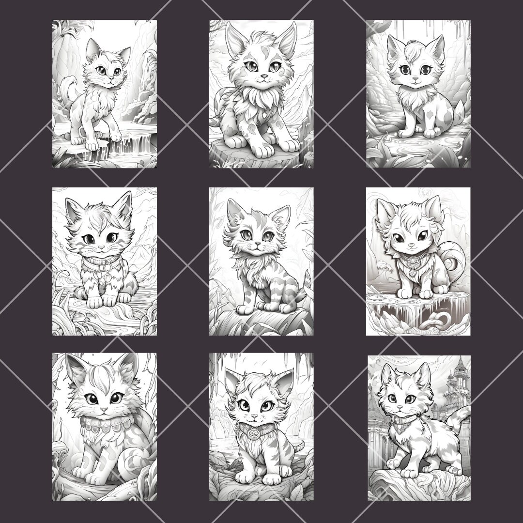 46 Fantasy Kitten Adult Coloring Pages Printable, Grayscale Coloring ...