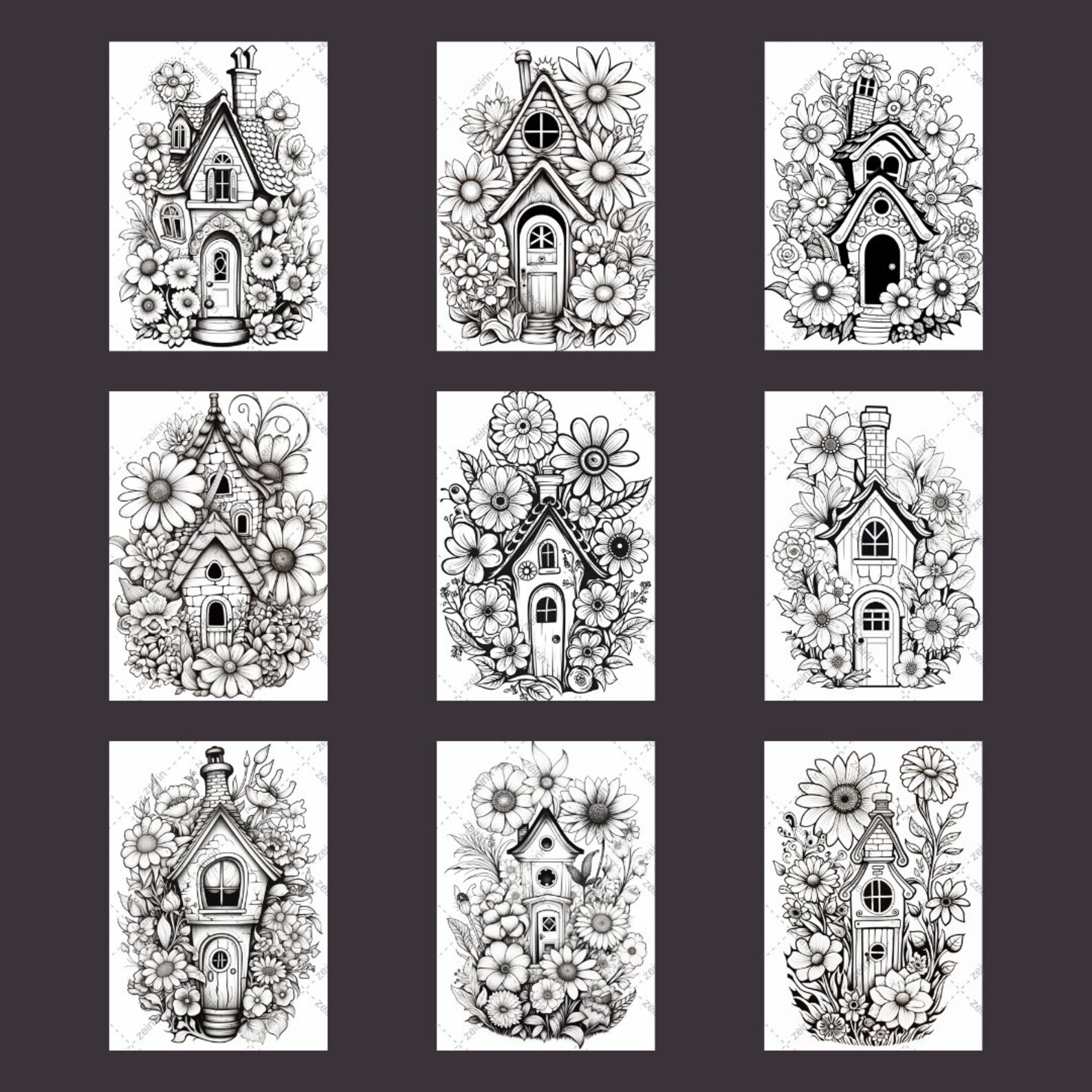 30 Flower House Adult Coloring Pages Printable Grayscale - Etsy