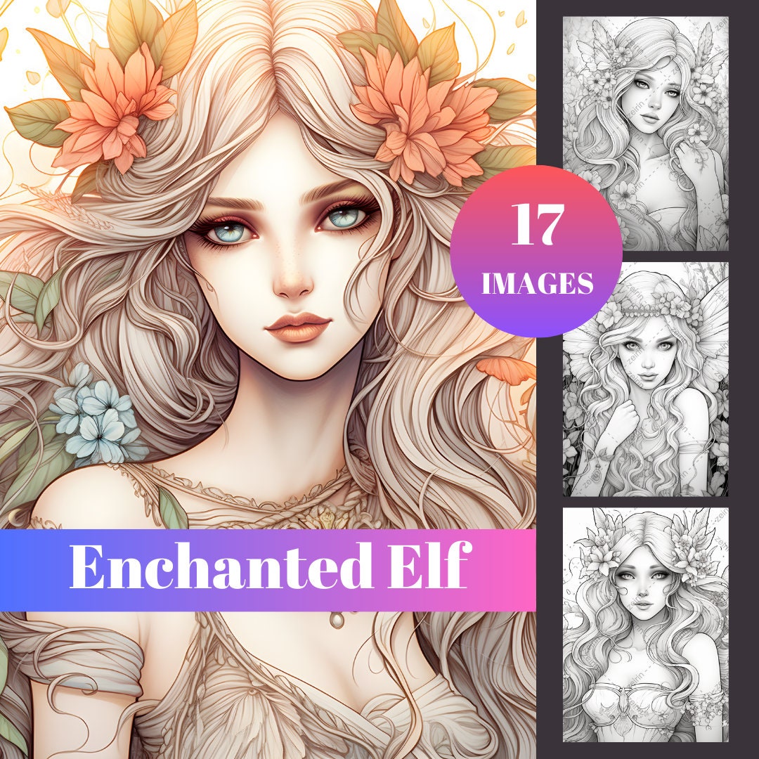 17 Enchanted Elf Adult Coloring Pages Printable, Grayscale Coloring ...
