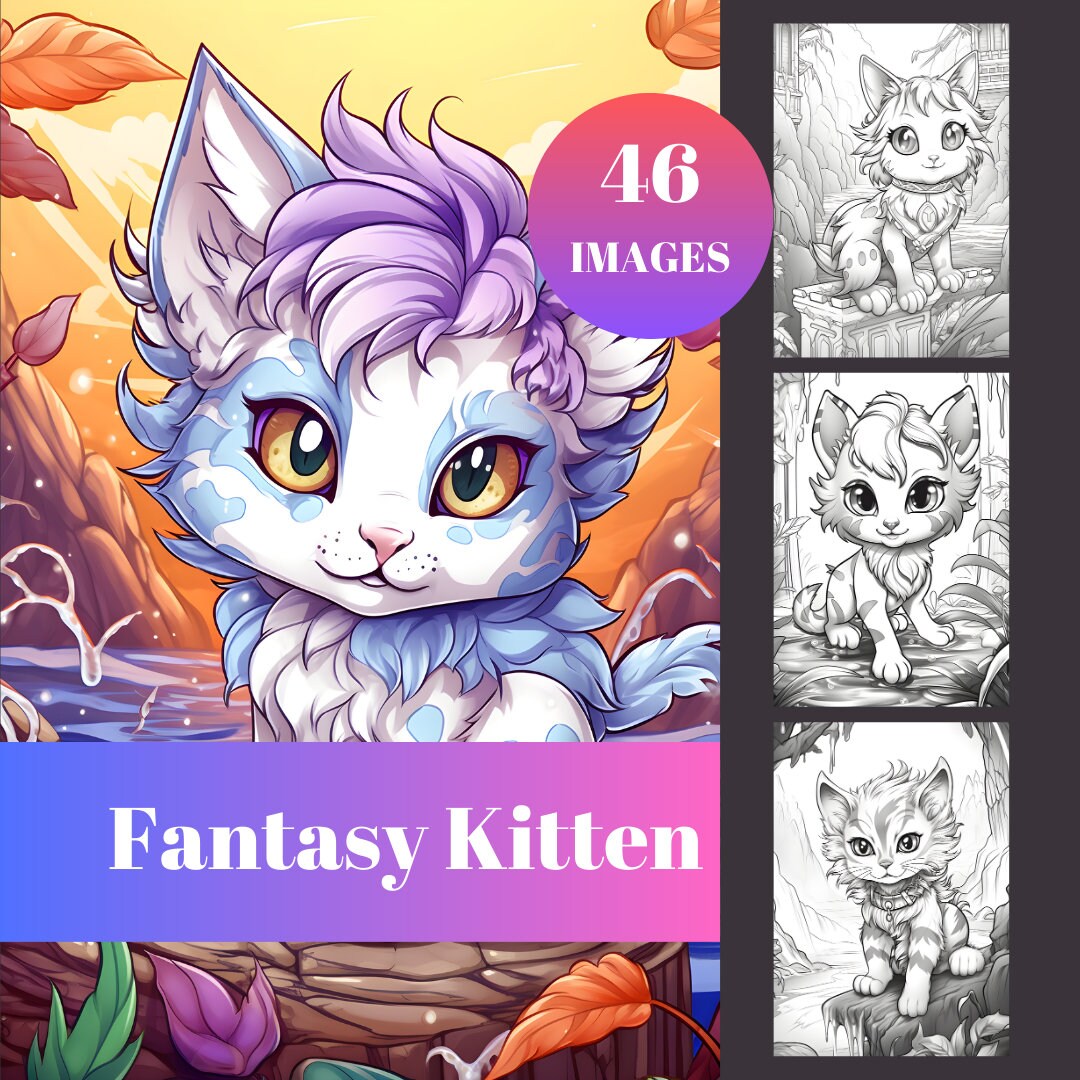 46 Fantasy Kitten Adult Coloring Pages Printable, Grayscale Coloring ...