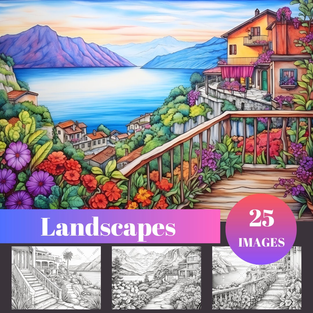 25 Landscapes Adult Coloring Pages Printable, Grayscale Coloring Books ...