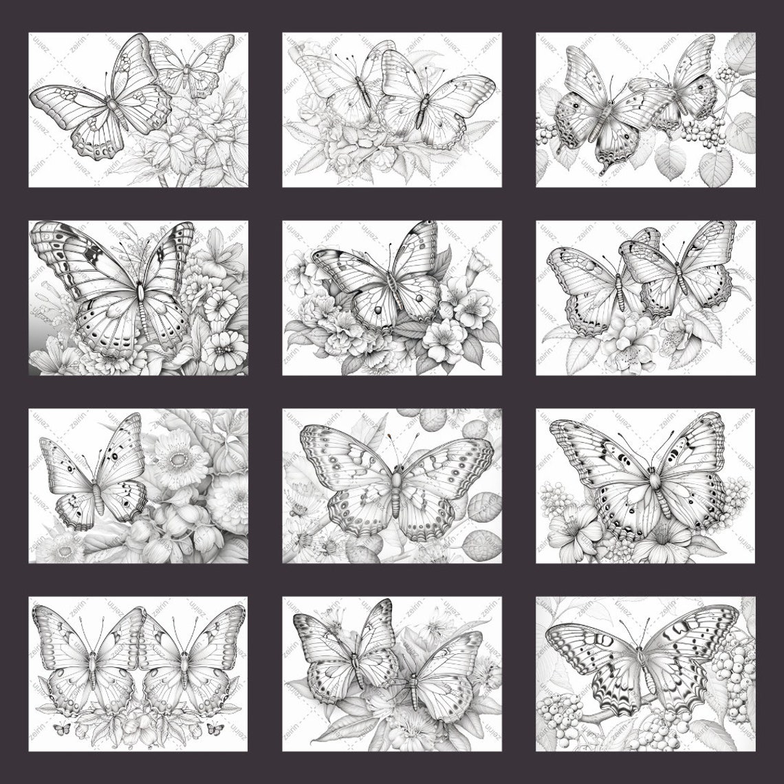 30 Butterflies Adult Coloring Pages Printable, Grayscale Coloring Books ...