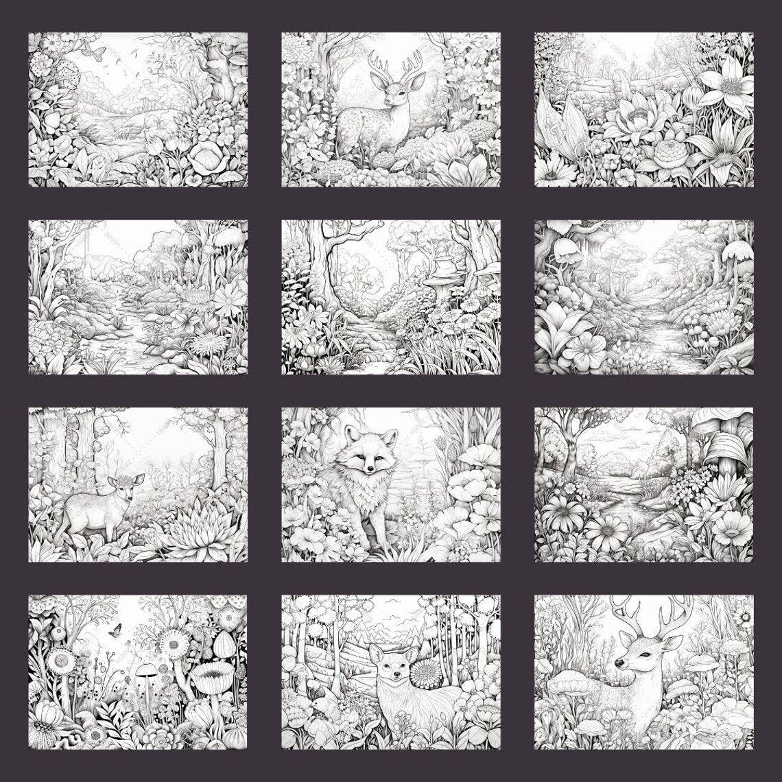 30 Magical Forest Adult Coloring Pages Printable, Grayscale Coloring ...