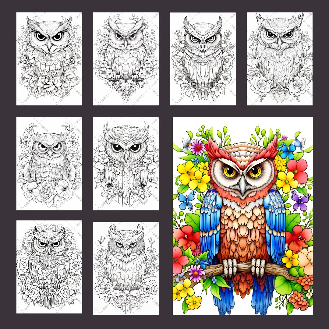 44 Gorgeous Owl Adult Coloring Pages Printable Grayscale - Etsy
