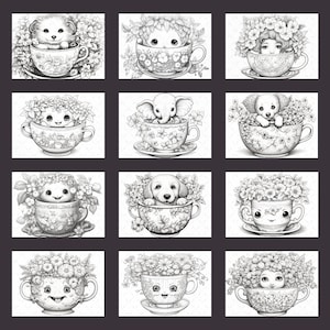 47 the Cutie Cup Tea Adult Coloring Pages Printable, Grayscale Coloring ...