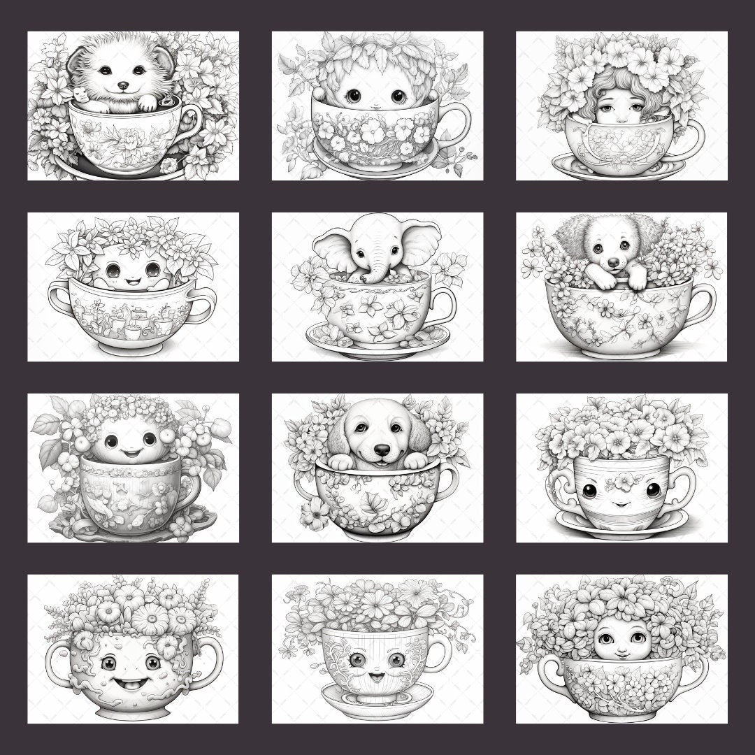 47 the Cutie Cup Tea Adult Coloring Pages Printable Grayscale - Etsy