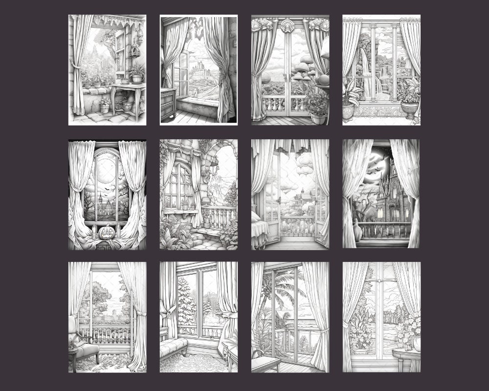24 Dream Window Adult Coloring Pages Printable, Grayscale Coloring ...