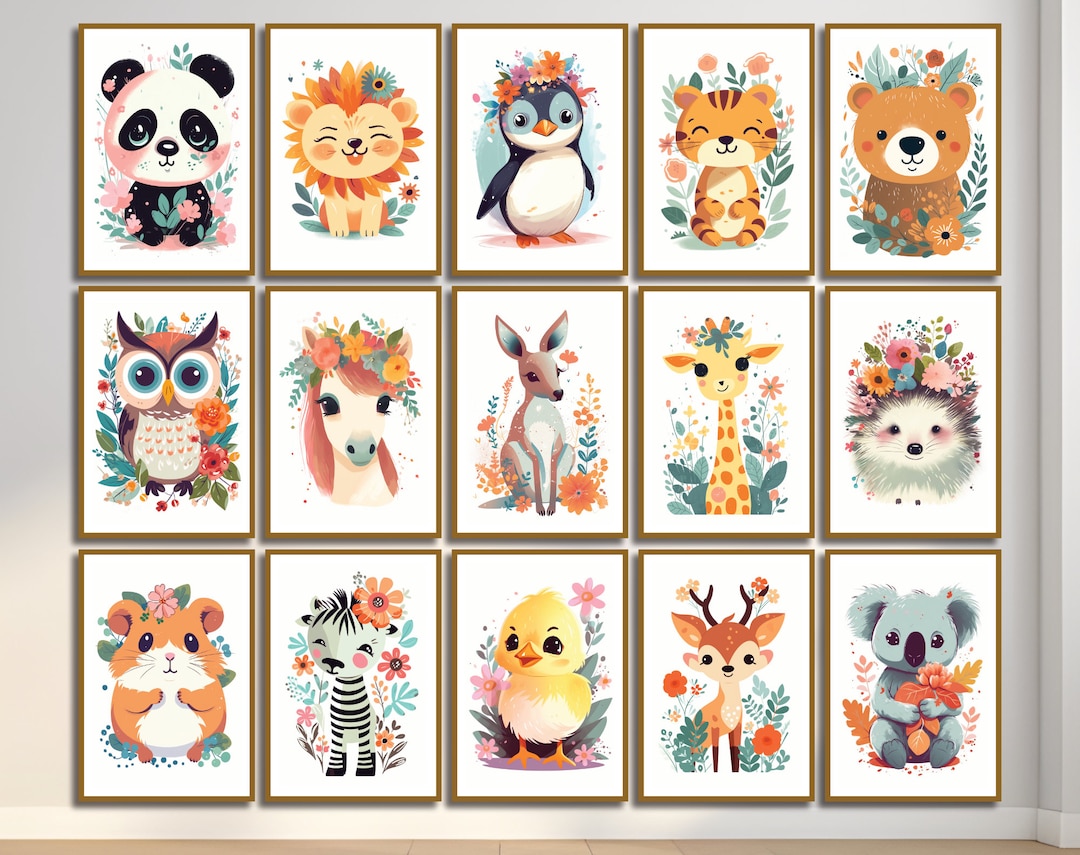 30 Images Cute Animal Nursery Wall Art Printable, Nursery Animal Flower ...