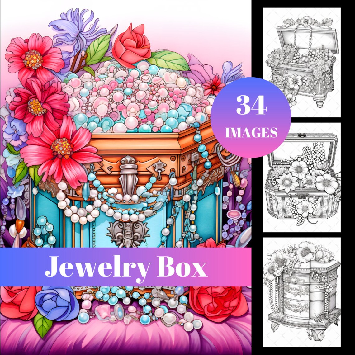 34 Jewelry Box Adult Coloring Pages Printable Grayscale - Etsy