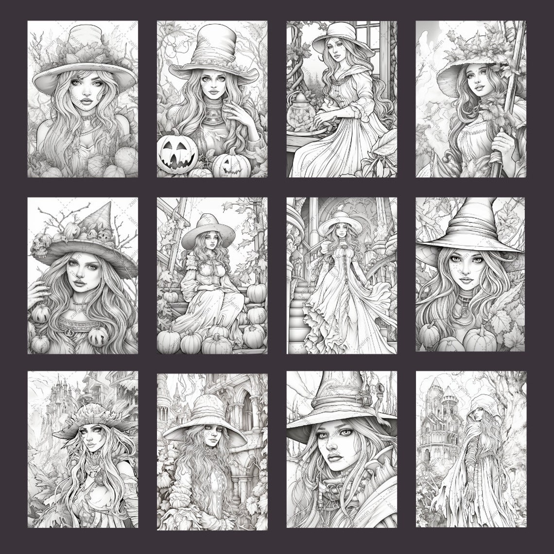 21 Beautiful Witch Adult Coloring Pages Printable, Grayscale Coloring ...