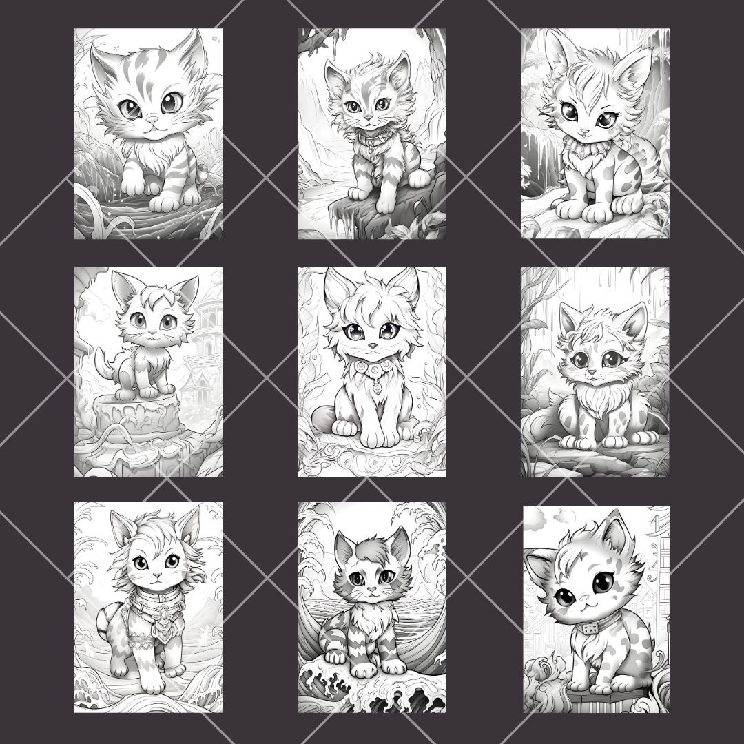 46 Fantasy Kitten Adult Coloring Pages Printable, Grayscale Coloring ...