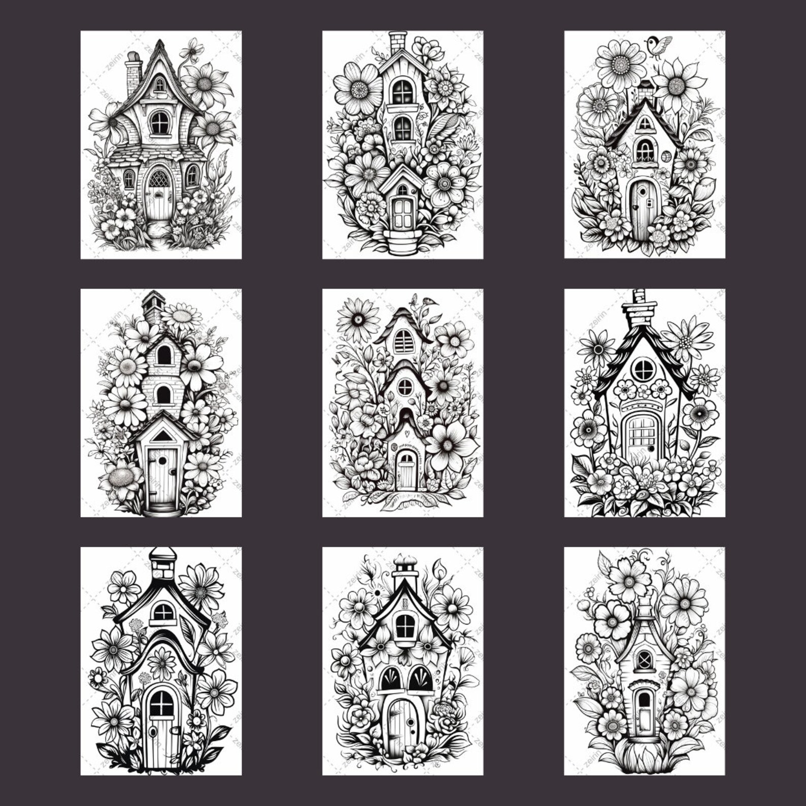 30 Flower House Adult Coloring Pages Printable Grayscale - Etsy