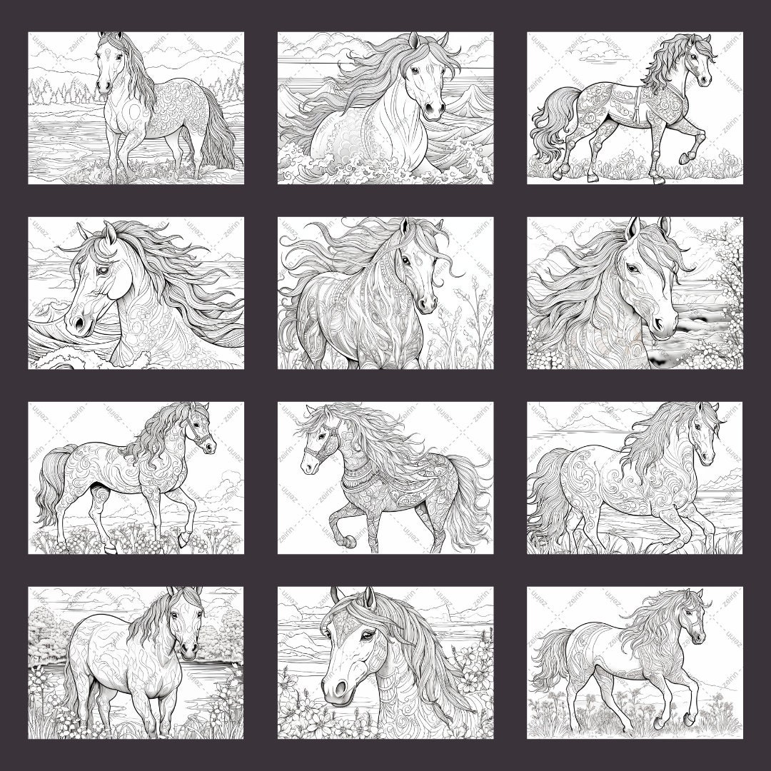 31 Horse Adult Coloring Pages Printable, Grayscale Coloring Books ...