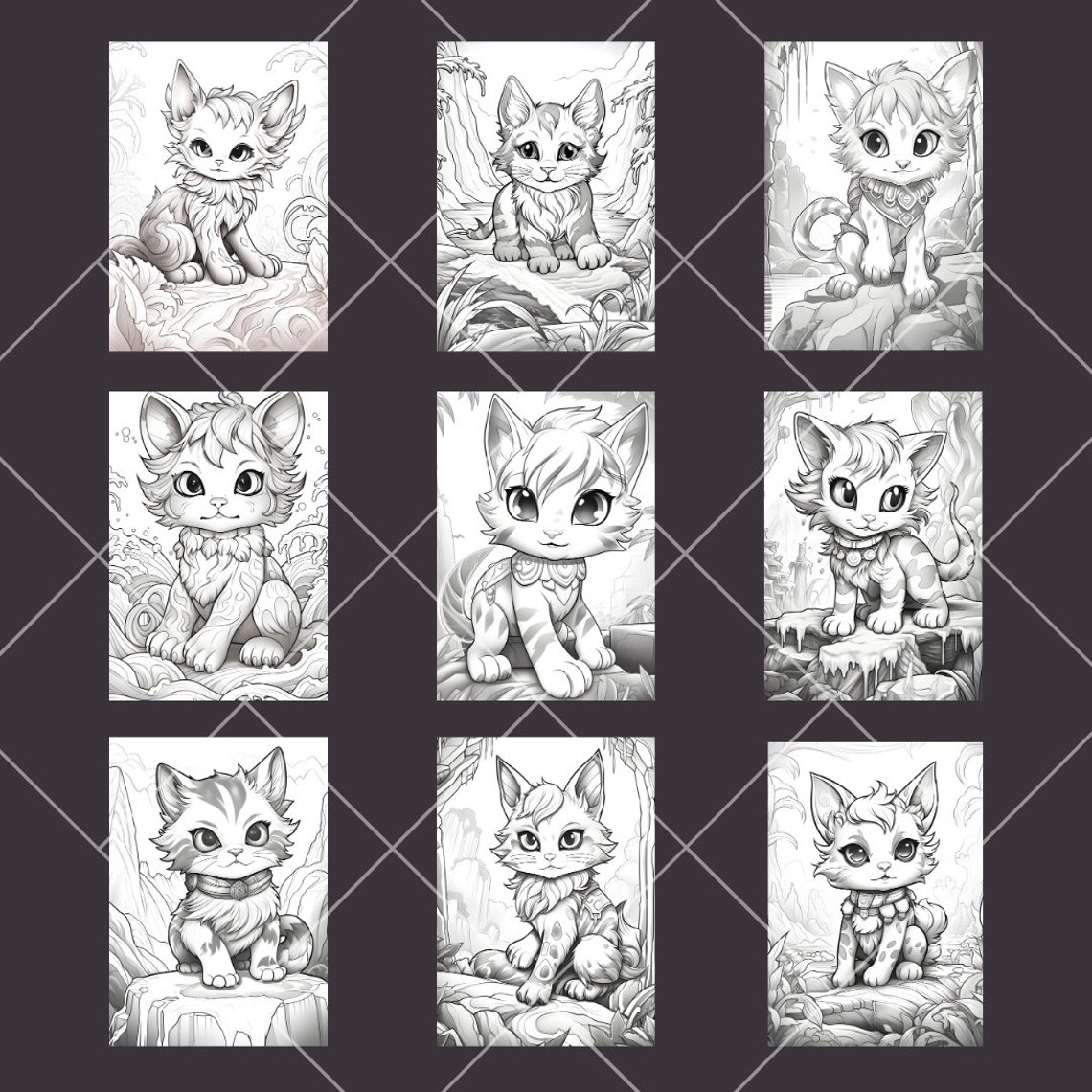46 Fantasy Kitten Adult Coloring Pages Printable, Grayscale Coloring ...