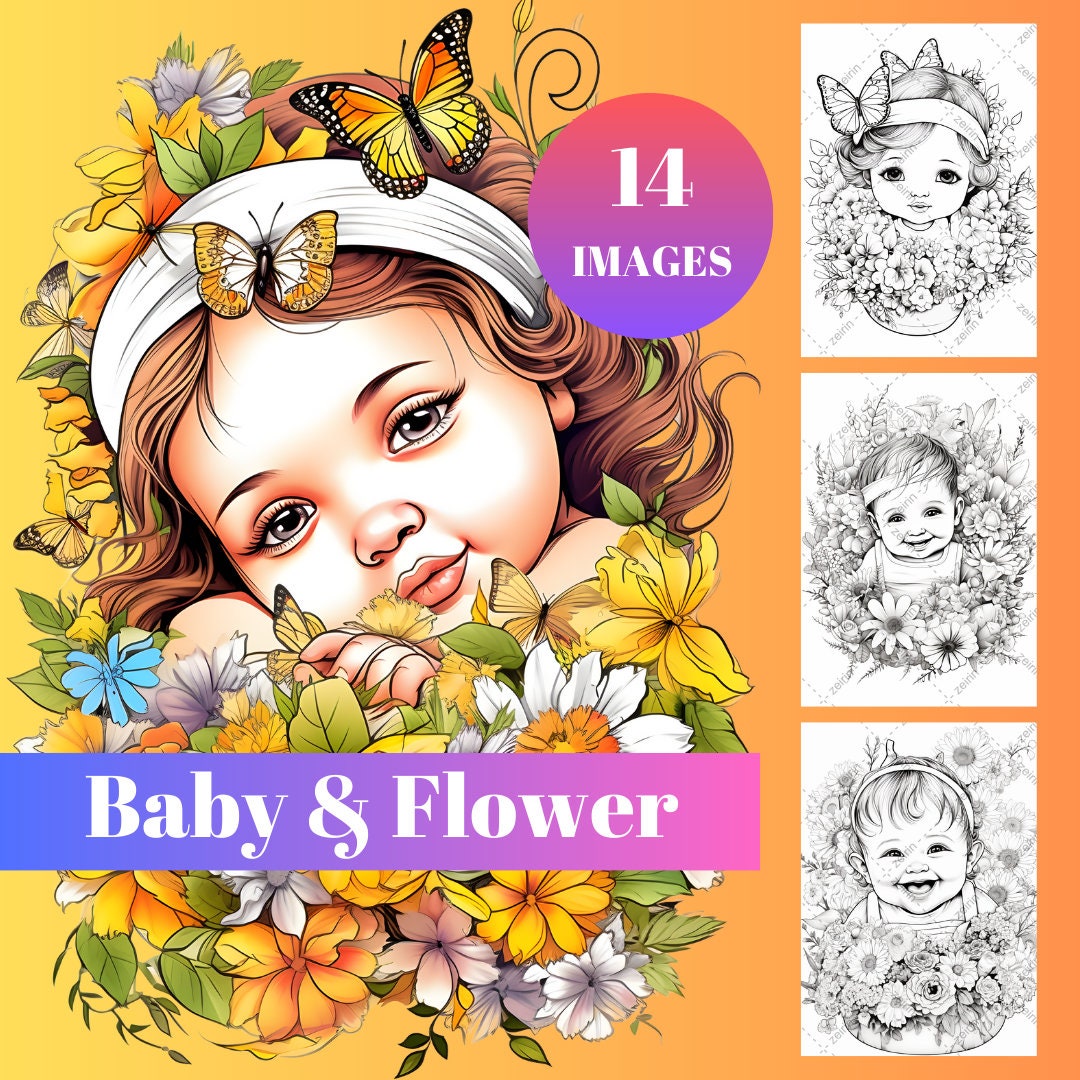14 Baby & Flowers Adult Coloring Pages Printable, Grayscale Coloring ...