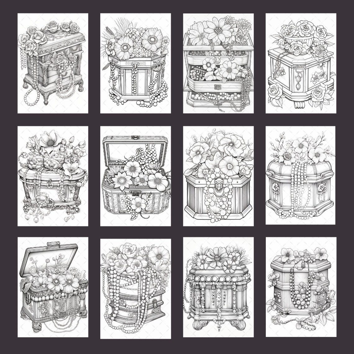 34 Jewelry Box Adult Coloring Pages Printable Grayscale - Etsy