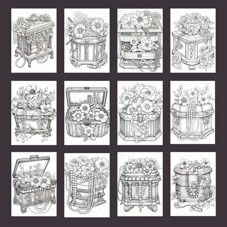 34 Jewelry Box Adult Coloring Pages Printable Grayscale - Etsy