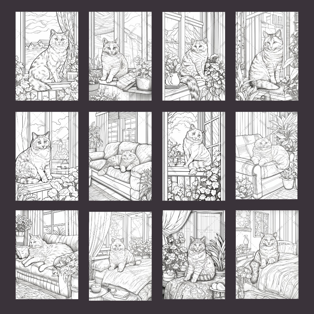 39 Relaxing Cats Adult Coloring Pages Printable, Grayscale Coloring ...