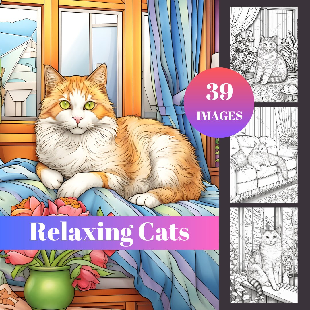 39 Relaxing Cats Adult Coloring Pages Printable, Grayscale Coloring ...