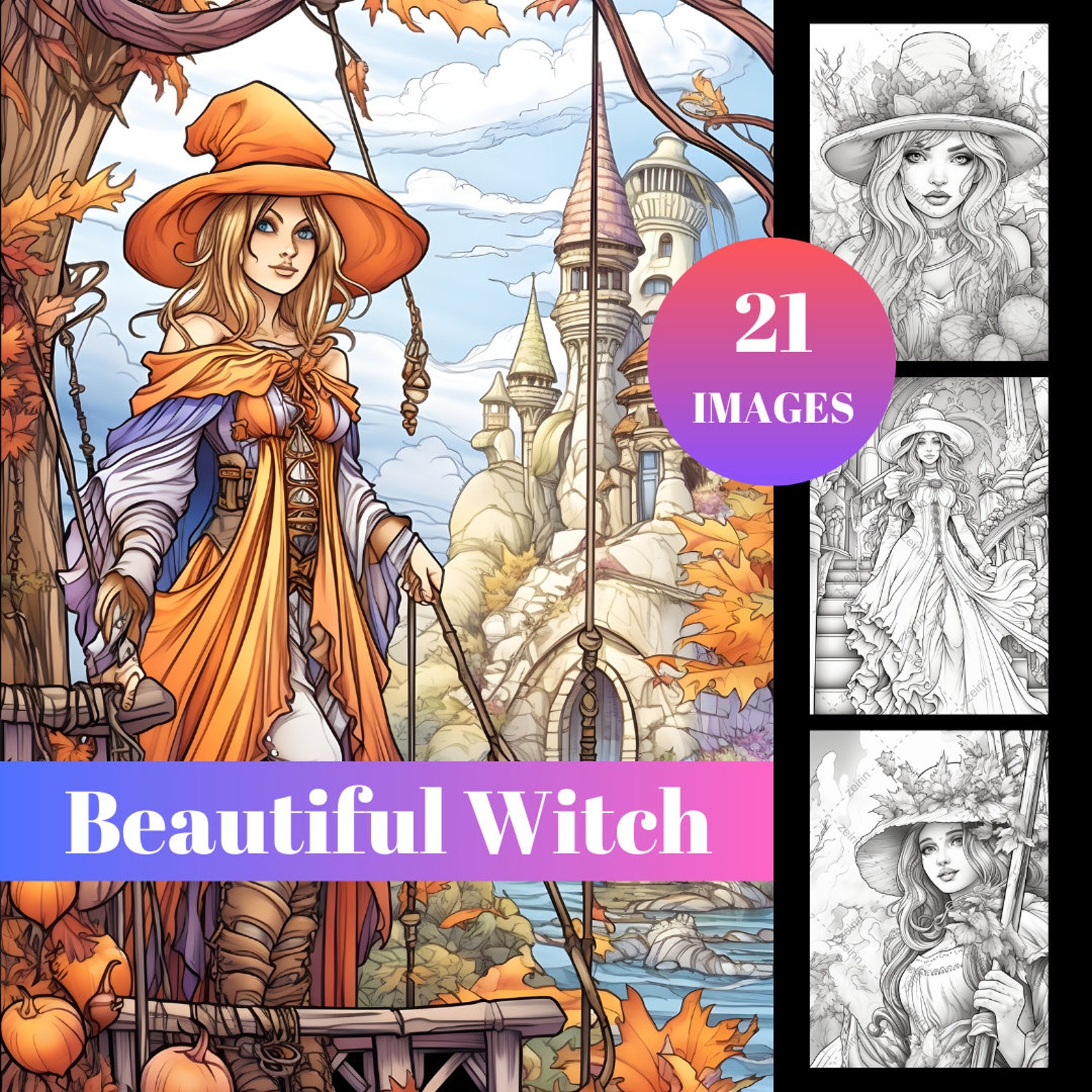 21 Beautiful Witch Adult Coloring Pages Printable, Grayscale Coloring ...