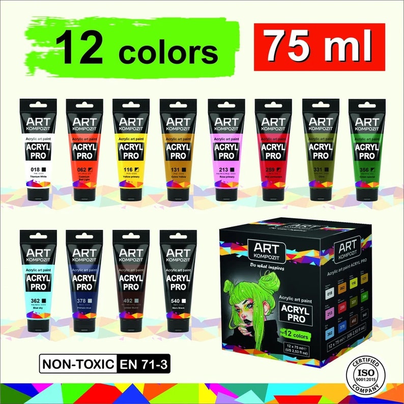 Artkompozit Acrylic Paint Set of 12x2.6 Fl Oz/75 Ml Acrylic Paints for ...