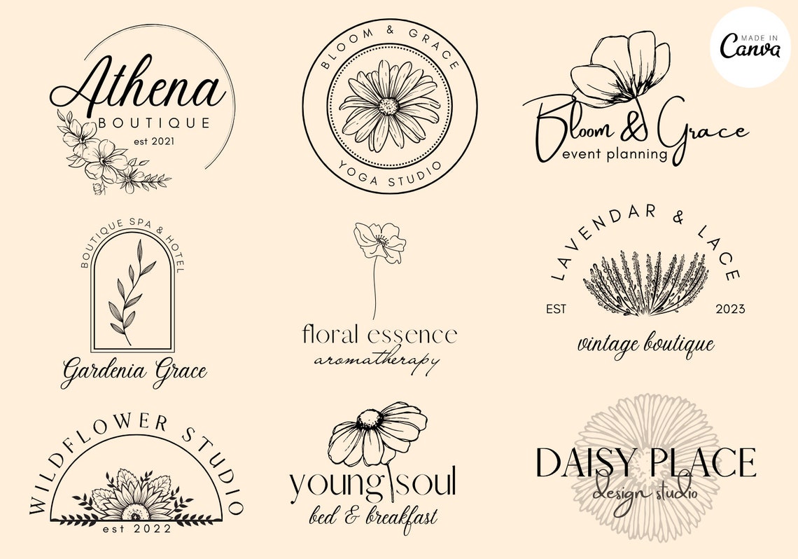 9 FLORAL INSPIRED LOGOS - Editable on Canva - Flower Designed - Etsy