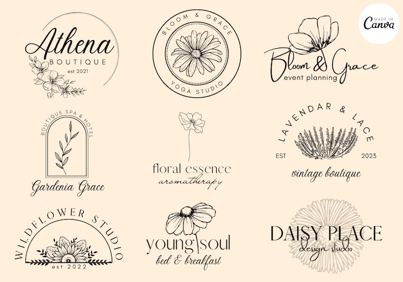 9 FLORAL INSPIRED LOGOS - Editable on Canva - Flower Designed - Etsy