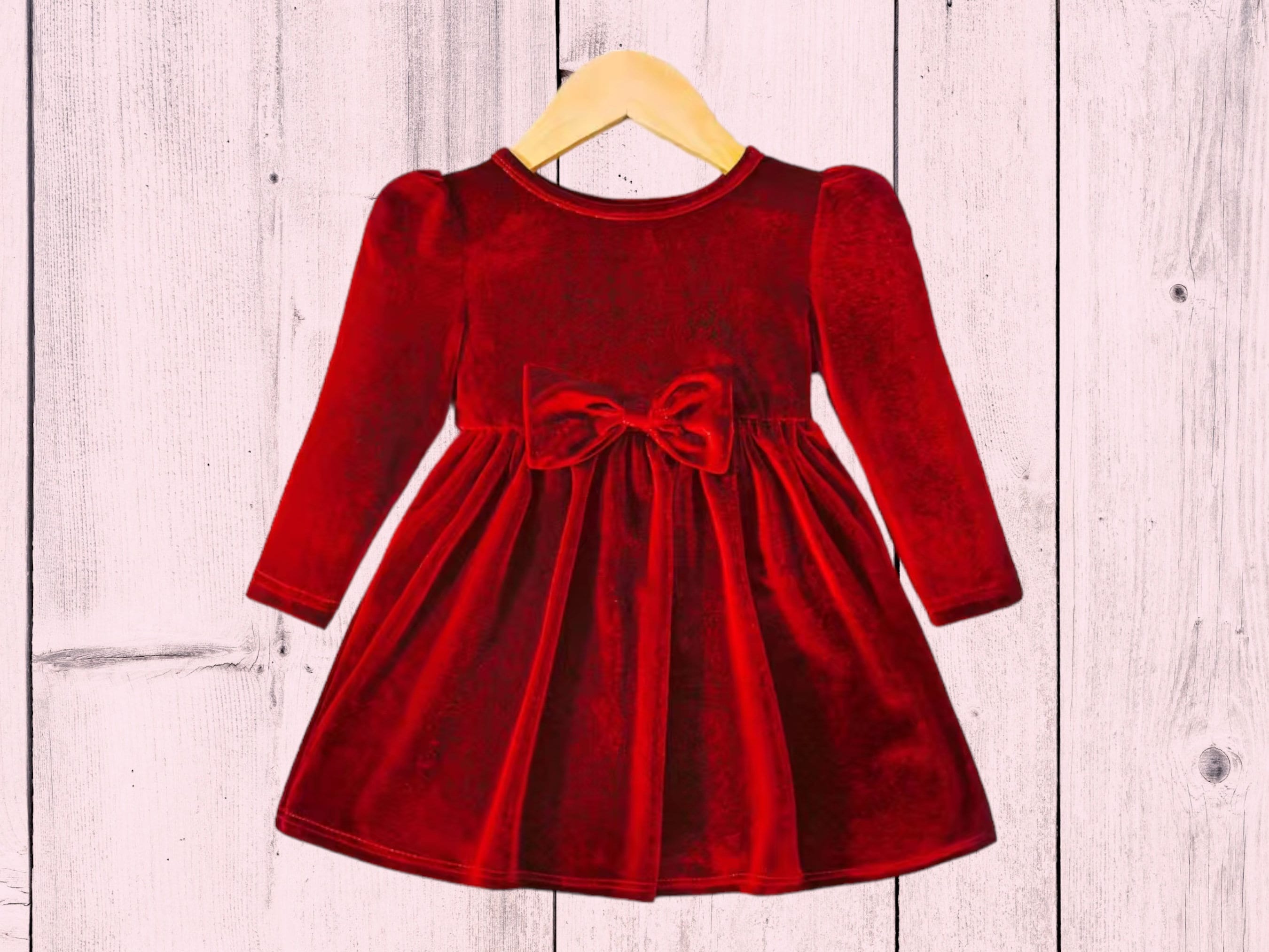 Red Velvet Bow Dress Long Sleeve, Baby Christmas Party Dress, Girl Dress, Holiday Baby Dress ...