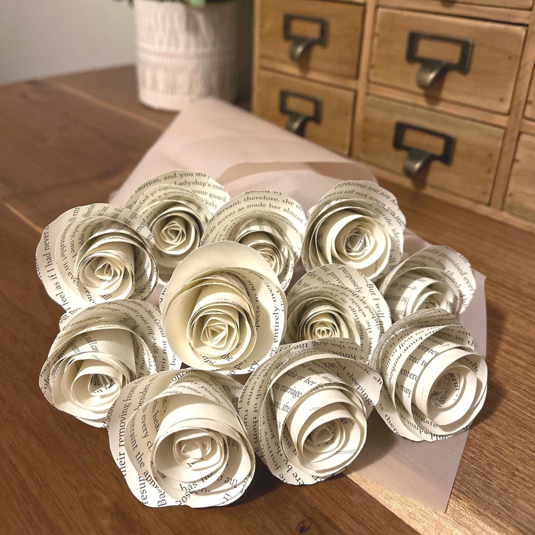 Custom Long Stem Book Page Roses Paper Flower Bouquets - Add on Acrylic ...