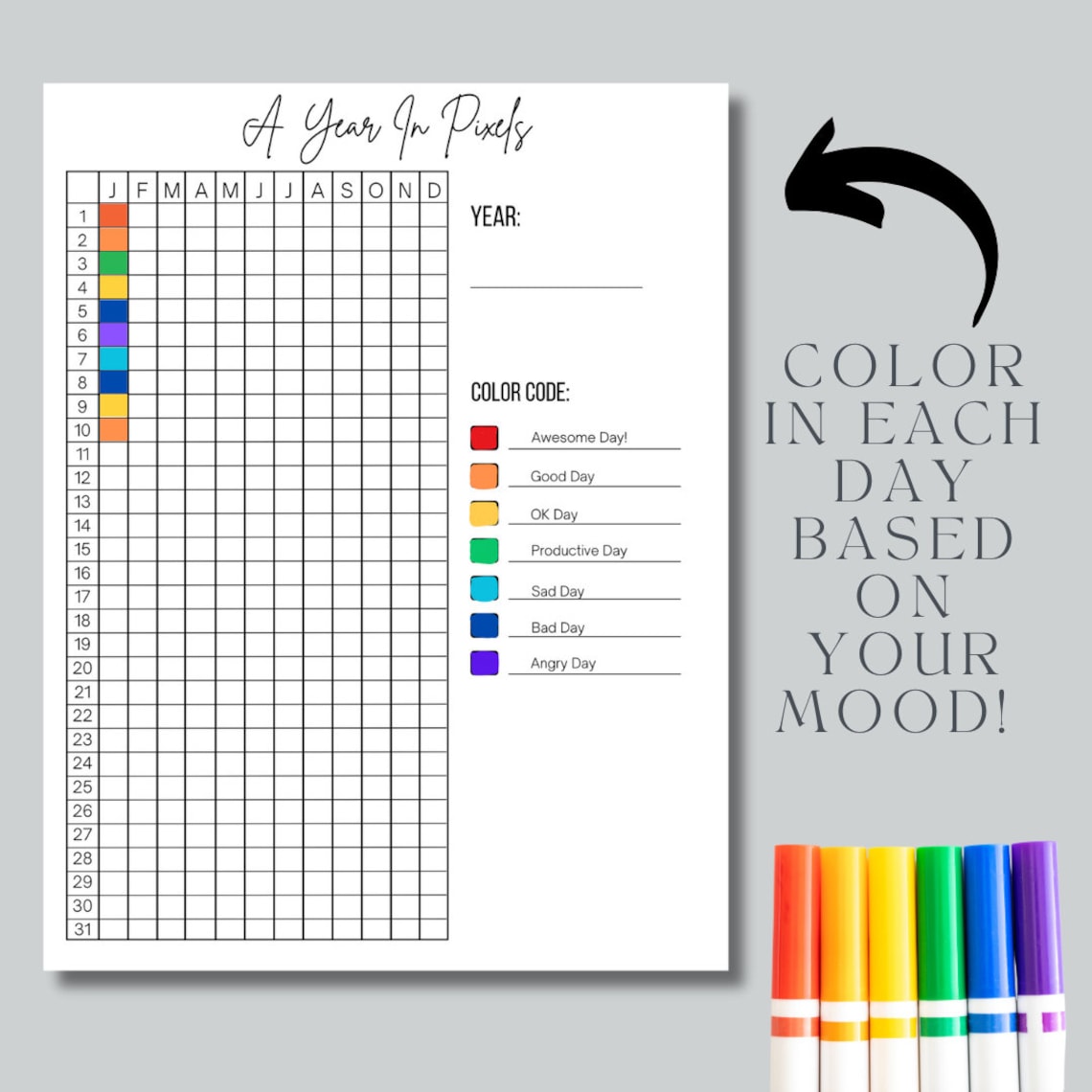 A Year in Pixels Printable, Pixel Journal, Year at a Glance, Yearly ...