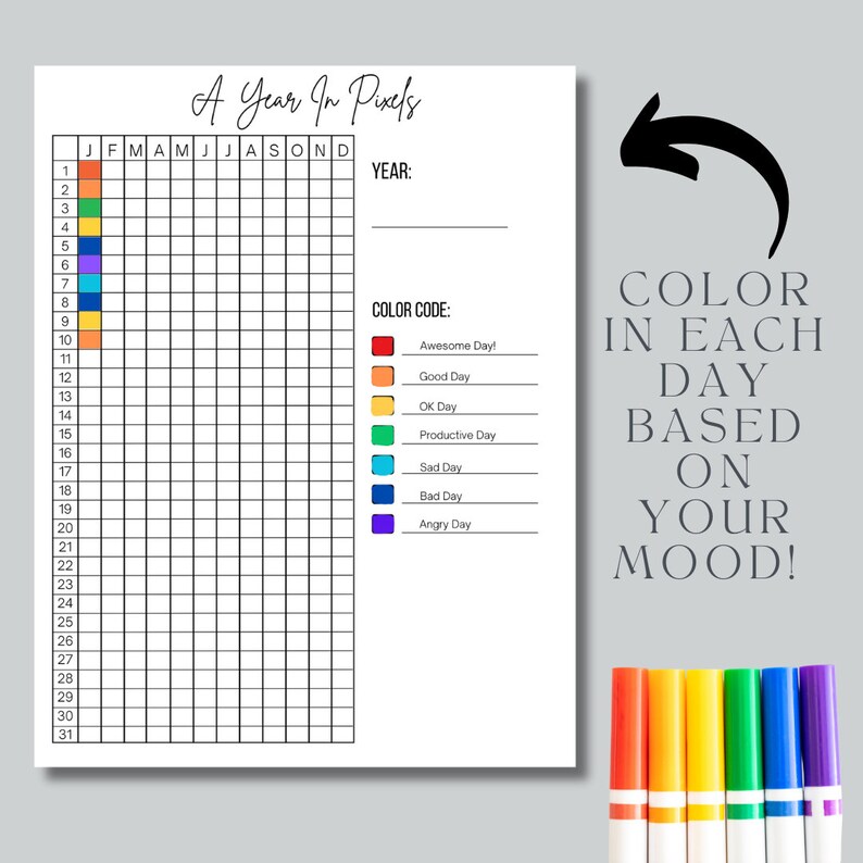 A Year in Pixels Printable, Pixel Journal, Year at a Glance, Yearly ...