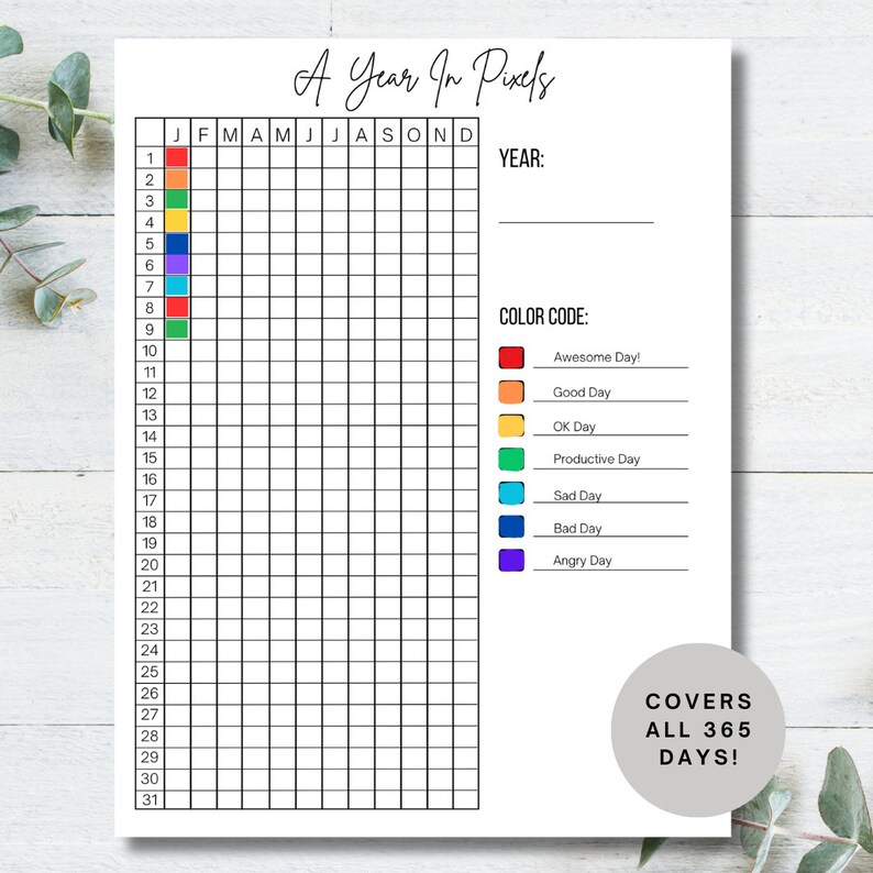 A Year in Pixels Printable, Pixel Journal, Year at a Glance, Yearly ...