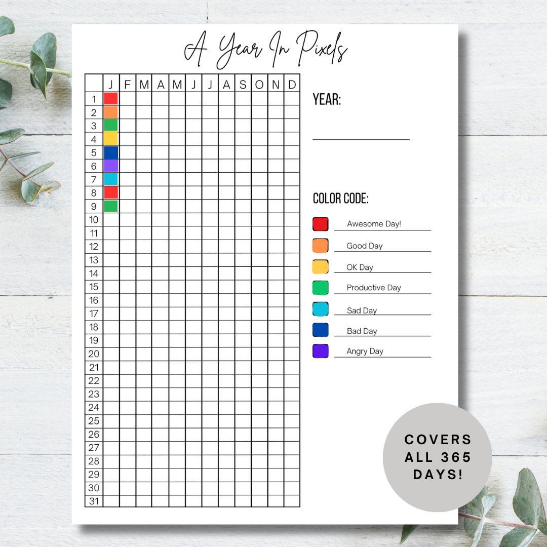 A Year in Pixels Printable, Pixel Journal, Year at a Glance, Yearly ...