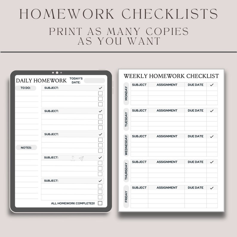 Homework Checklists Daily Homework Planner Weekly Homework - Etsy
