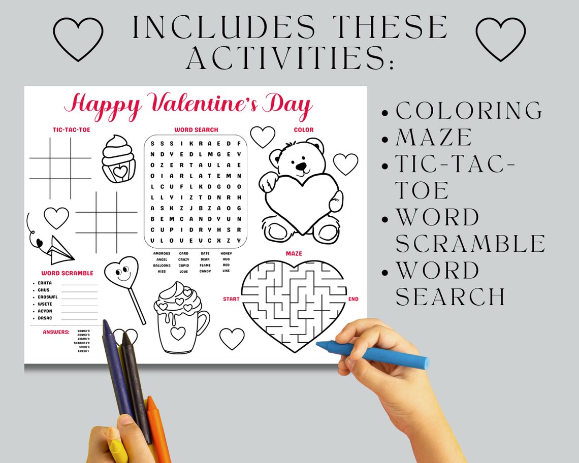 Valentine's Day Activity Mat, Valentine's Day Printable Activity Pages ...