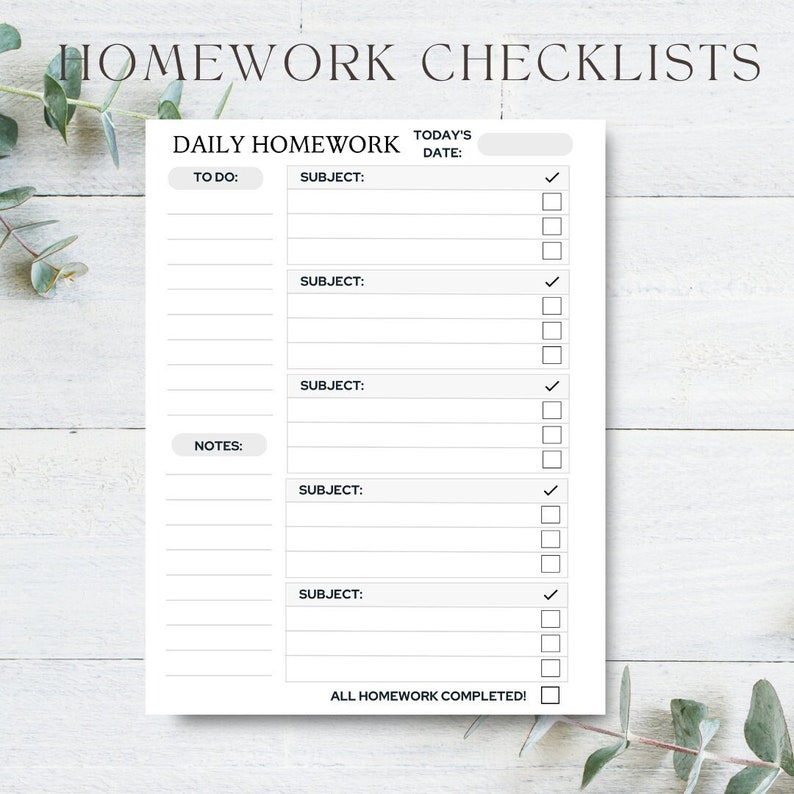 Homework Checklists Daily Homework Planner Weekly Homework - Etsy