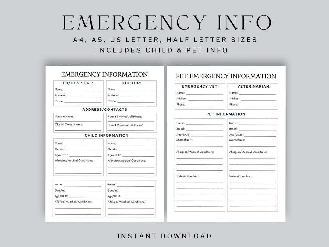 Child & Pet Emergency Information Sheet: Babysitter Printable (digital ...