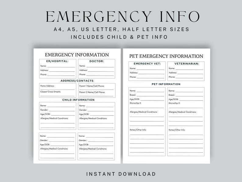 Child & Pet Emergency Information Sheet: Babysitter Printable (digital ...